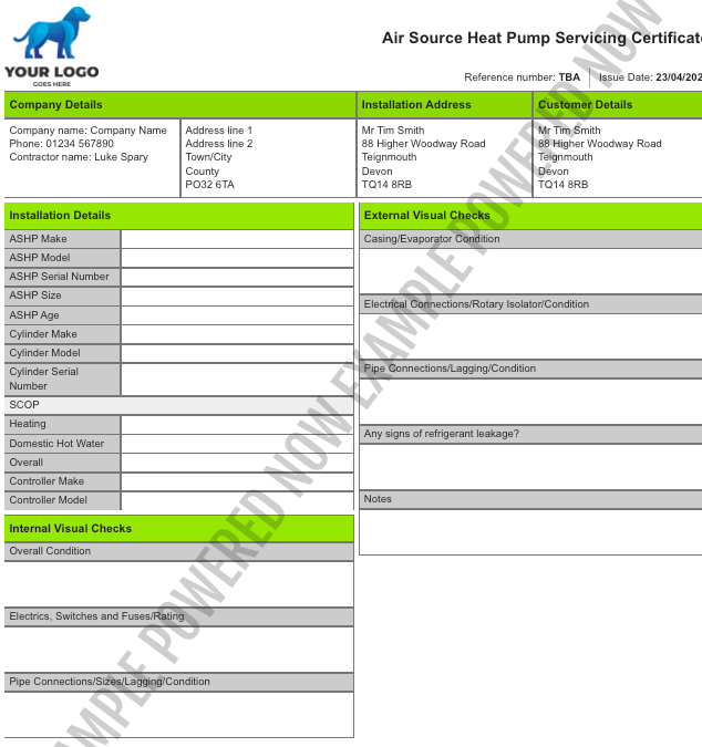 Air Source Heat Pump Servicing Certificate