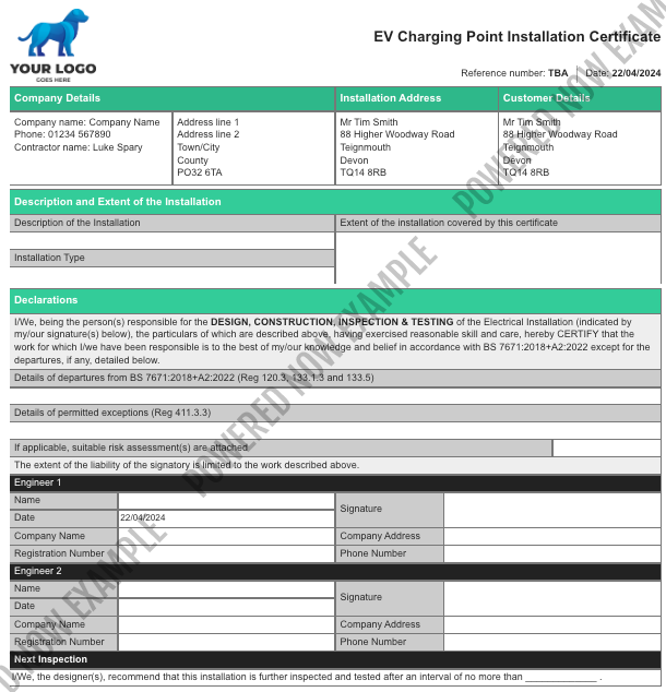 EV Charging Point Installation Certificate