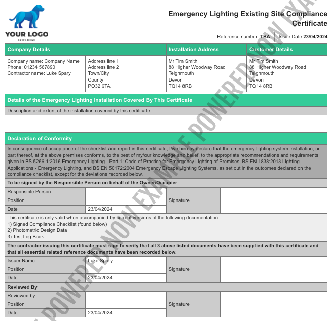 Emergency Lighting Existing Site Compliance Certificate