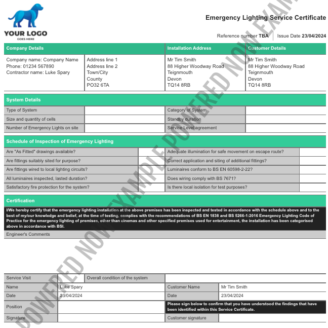 Emergency Lighting Service Certificate