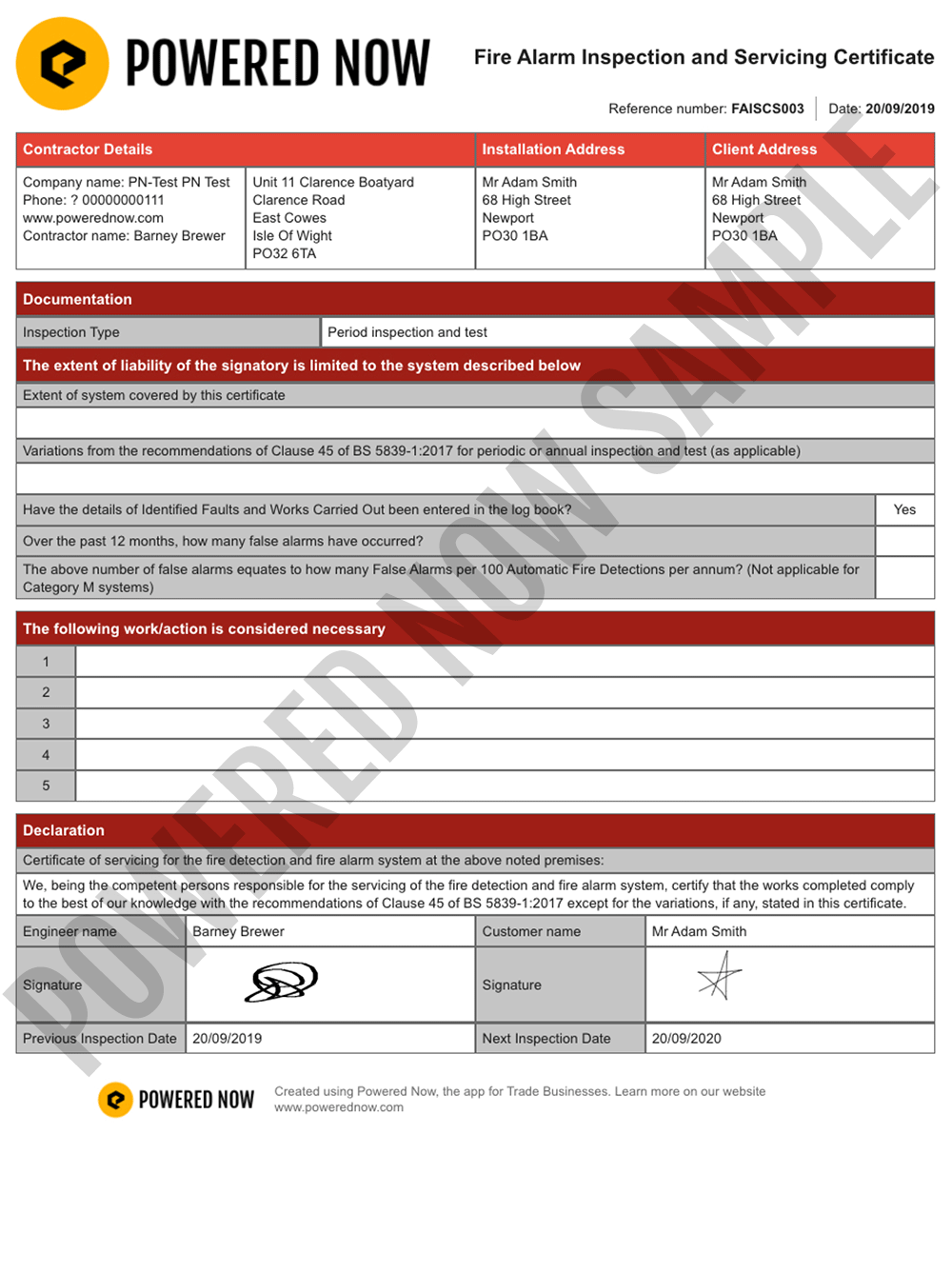 Fire Alarm Inspection and Servicing Certificate (G6)