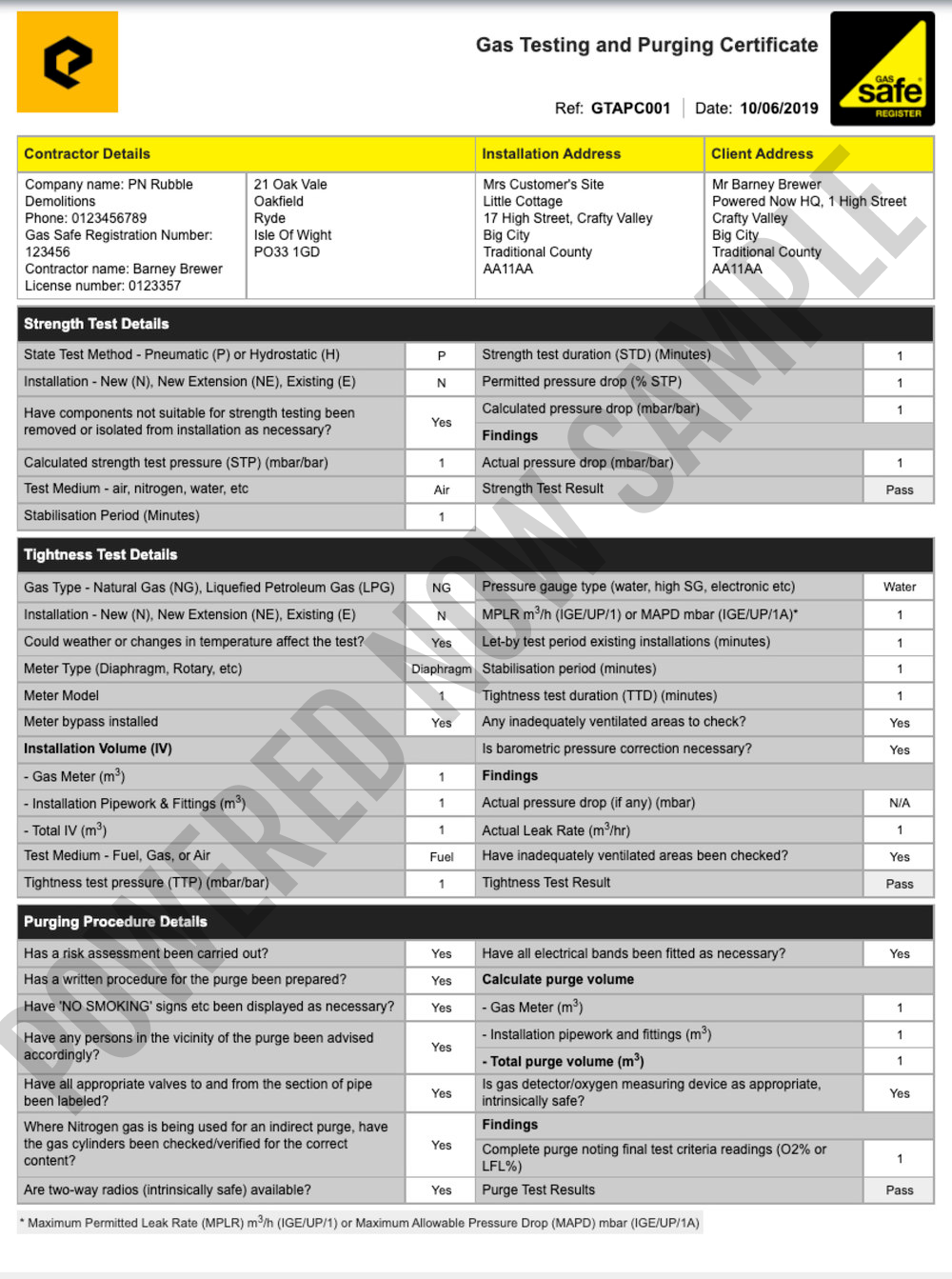 Gas Testing and Purging Certificate Gas Safe (Pad 11)