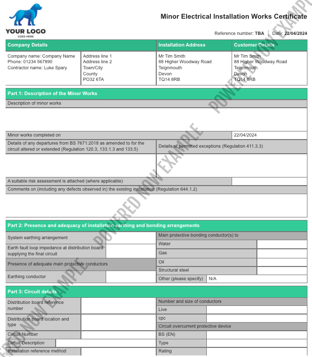 Minor Electrical Installation Certificate