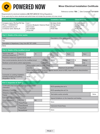 Minor Electrical Installation Certificate