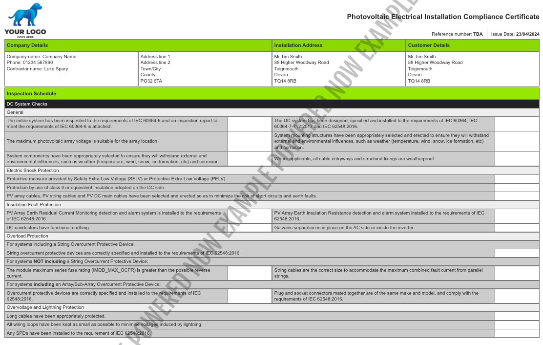 Photovoltaic Electrical Installation Compliance Certificate