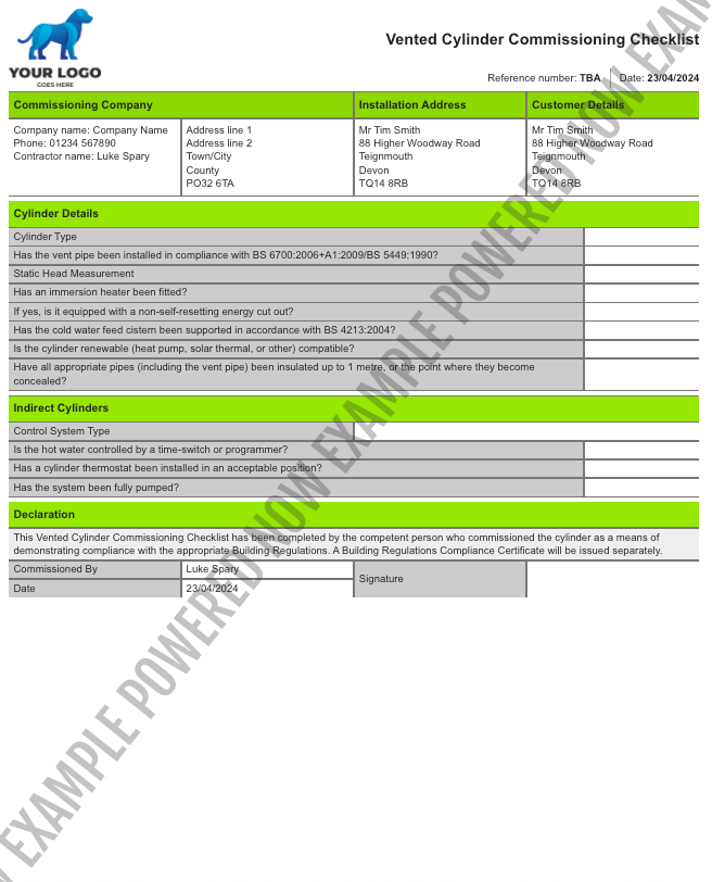 Vented Cylinder Commissioning Checklist