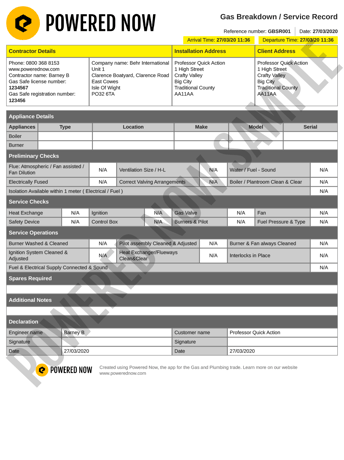 Gas Breakdown and Service Record