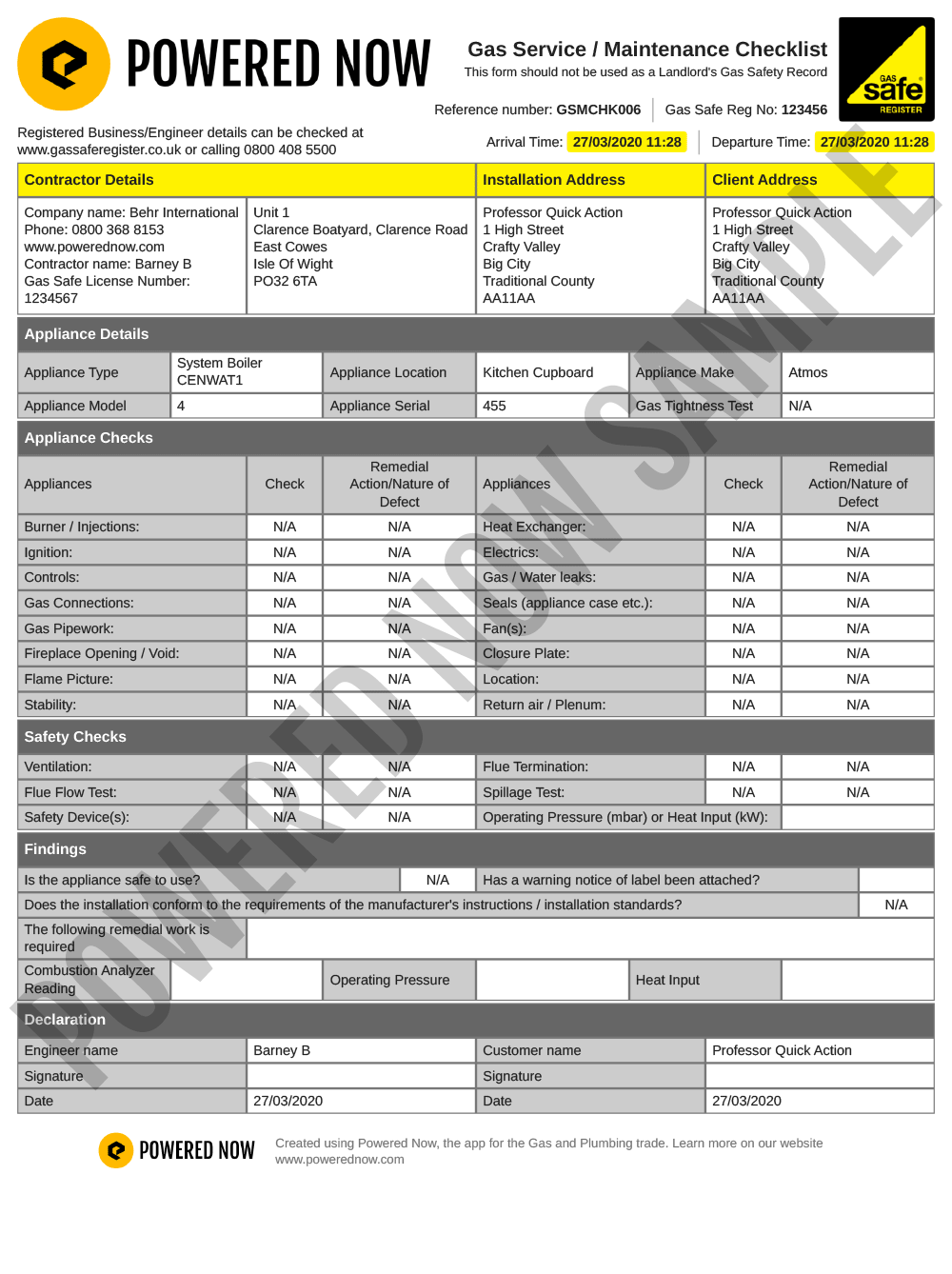 Gas Service / Maintenance Checklist Gas Safe (Pad 9)