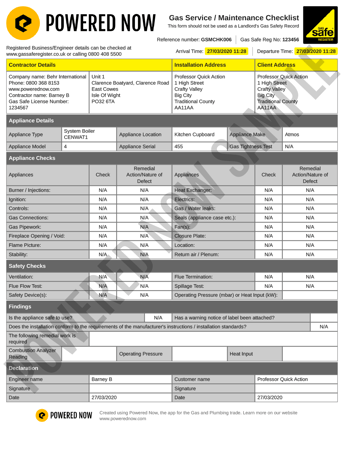Gas Service / Maintenance Checklist Gas Safe (Pad 9)