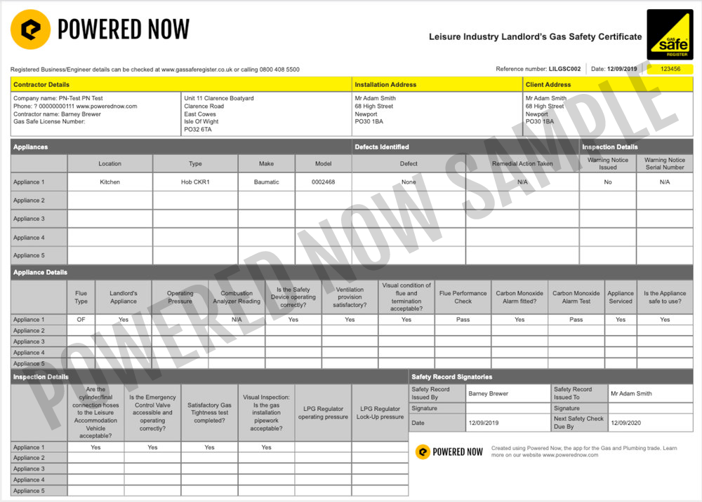 Leisure Industry Landlord’s Gas Safety Certificate
