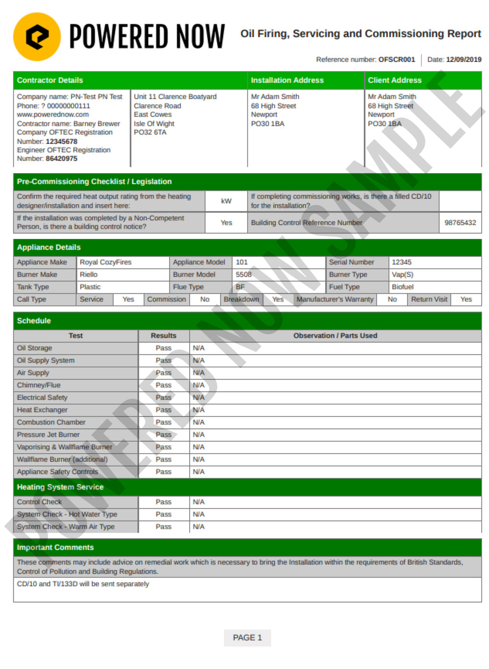 Oil Firing, Servicing, and Commissioning Report (CD/11)